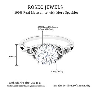 2.25 CT Moissanite Solitaire Ring, 8 MM Moissanite Solitaire Engagement Ring, Moissanite Gold Celtic Ring, Moissanite Engagement Ring for Women, 14K White Gold, Size:US 6.50