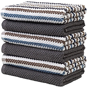 Premium Kitchen Towels (16”x 26”, 6 Pack) | Large Cotton Kitchen Hand Towels | Popcorn Striped Design | Dish Towels | 430 GSM Highly Absorbent Tea Towels Set with Hanging Loop | Gray
