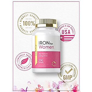 Iron Pills for Women | 45mg | 200 Slow Release Tablets | Vegetarian, Non-GMO, Gluten Free Supplement | by Carlyle