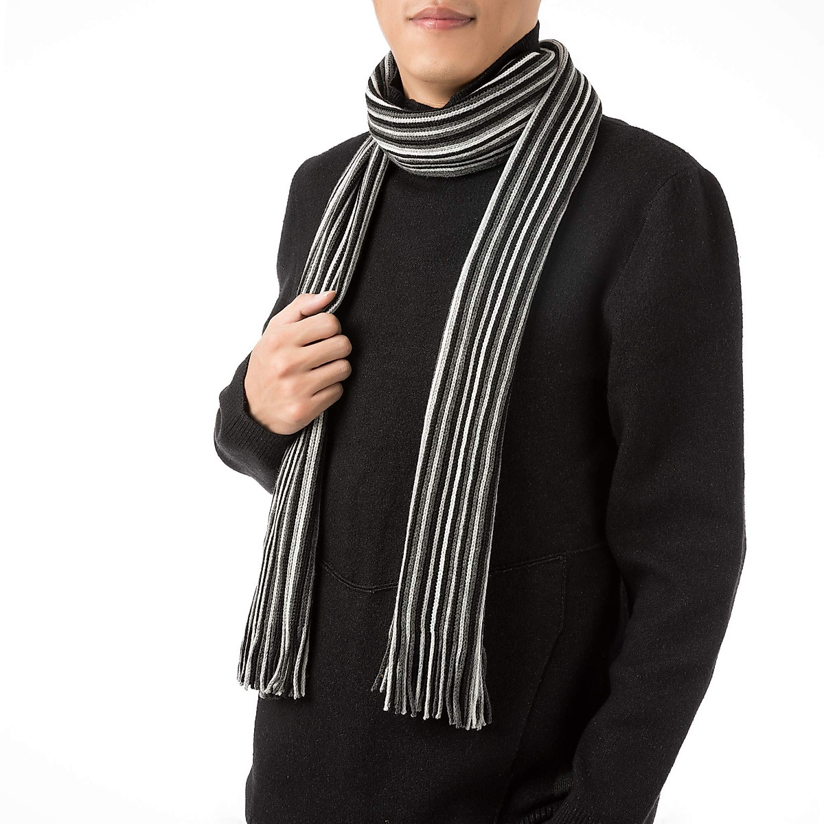 Glitzhome eUty Men's Scarf Cashmere Feel Soft Male Scarve Winter Warm Striped Long Thick Striped Neckerchief Ribbed Knit Tassel Muffler