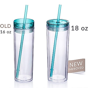 Cupture Skinny Acrylic Tumbler Cups with Straws - 18 oz, 8 Pack (Assorted Colors)