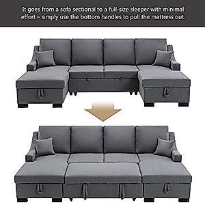 HABITRIO Sectional Sofa Bed, U Shape Sofa Bed, Pull Out Sleeper Sofa Bed with Pulley, Sofa with Two Storage Chaise, for Living Room Furniture Sofa, 2 Tossing Cushions, Gray