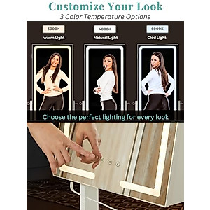 LUXFURNI LED Light Jewelry Cabinet Standing Full Screen Mirror Makeup Lockable Armoire, Large Cosmetic Storage Organizer w/Brush Holder (White)