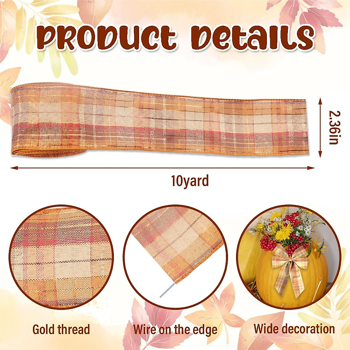 Fall Fabric Ribbons Thanksgiving Decor Ribbons Brown Orange Plaid Burlap Linen Ribbons for Thanksgiving Autumn Party Hanging Decoration Gift Wrapping Indoor Outdoor Craft Supplies, 2.5 Inch * 10 Yards