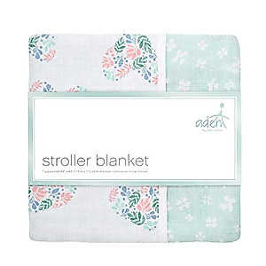 aden + anais Aden Stroller Blanket, 100% Cotton Muslin, 2 Layer Lightweight and Breathable, 27.5 x 27.5 inch, Briar Rose - Floral Heart