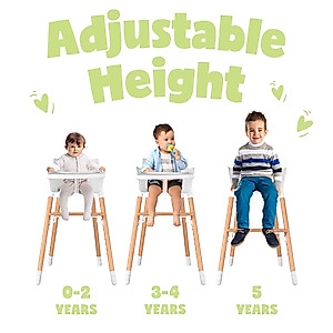 Wooden High Chair for Babies and Toddlers - with Harness, Removable Tray, and Adjustable Legs