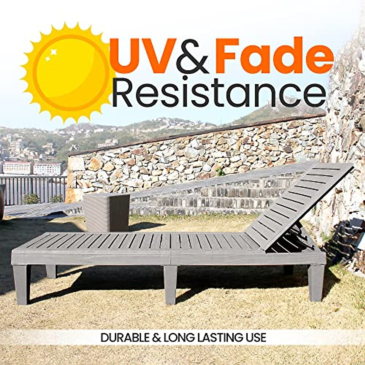 SereneLifeHome Adjustable Outdoor Patio Chaise Lounge - Marine Grade Water Resistant Durable Reclining Lounger, Fire Pit with 5-Position Multi-Level Backrest Adjustment, SLLOUNG70