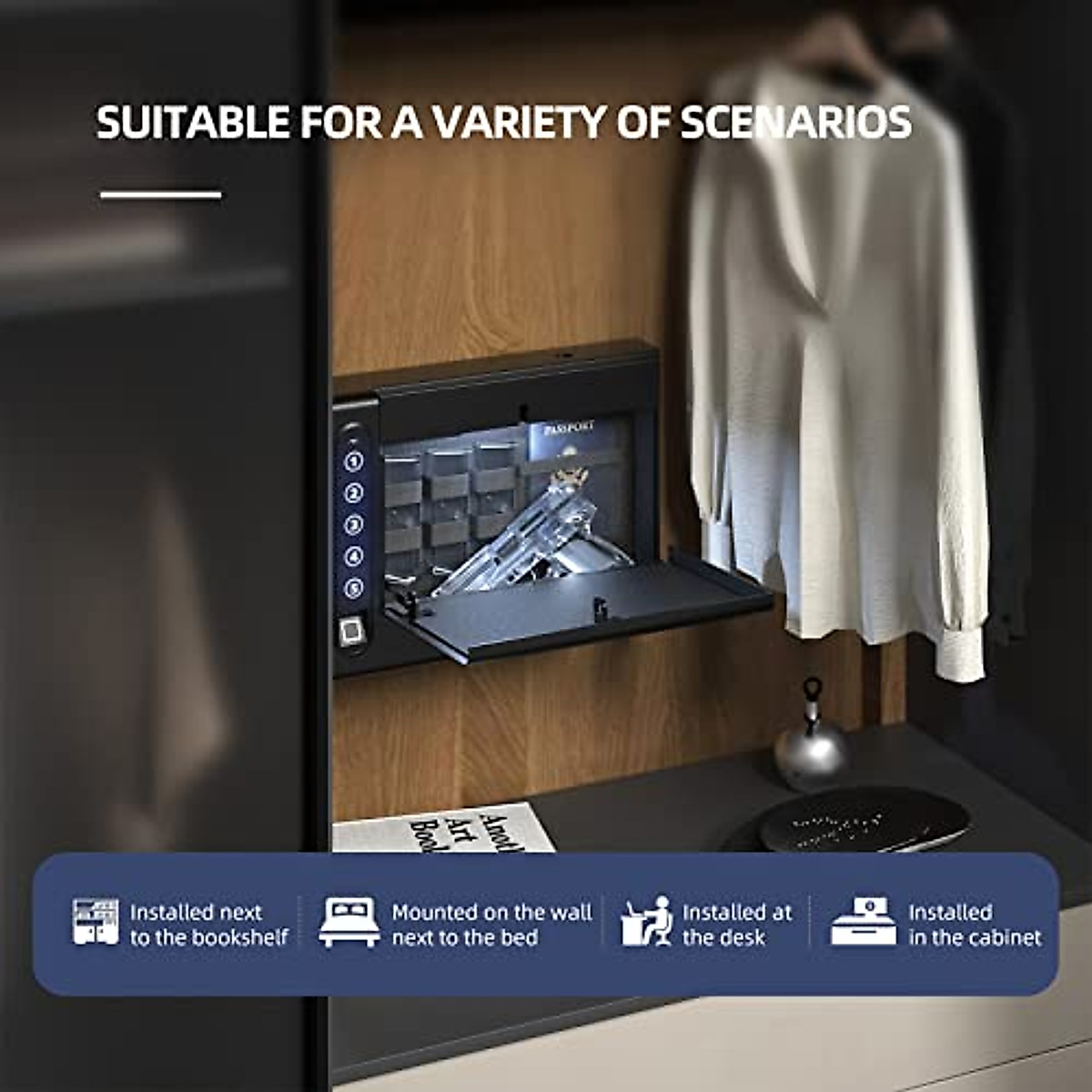 XDeer Wall Gun Safe, Biometric Gun Safes for Pistols, Quick-Access Handgun Safe with Fingerprint & Digital Key Pad, Pistol Safe for Home, Up to 1 Full-size pistol