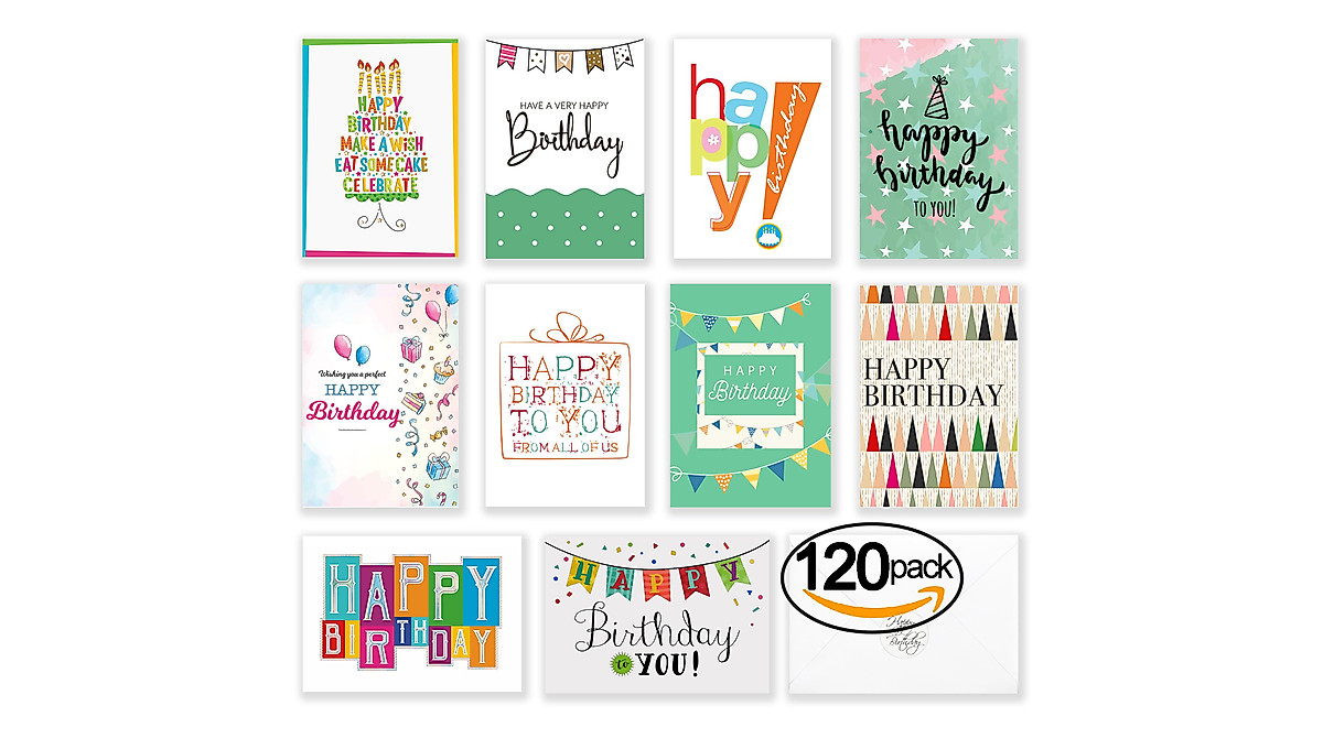 120 Birthday Cards Bulk Set with Envelopes & Stickers | Assorted Designs