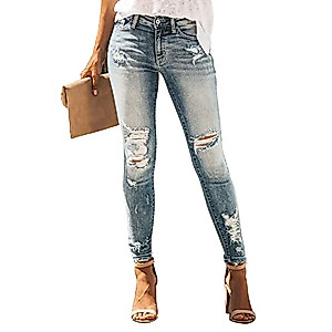 KUNMI Women's Ripped Boyfriend Slim Fit Jeans Frayed Distressed Stretchy Denim Pants