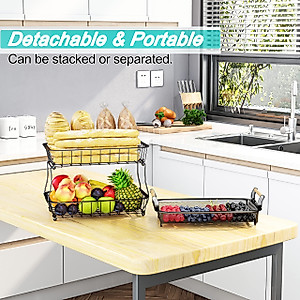 3 Tier Fruit Basket Bowl with 2 Banana Hangers for Kitchen Counter, Vegetable Countertop Produce Storage Holder, Large Capacity Metal Wire Fruits Stand Organizer for Onion Potato Bread Snack, Black