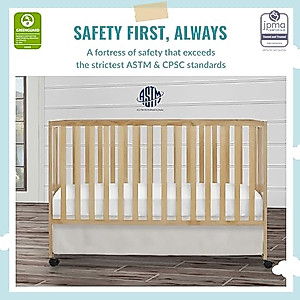 Dream On Me Quinn Full-Size Folding Crib in Natural, Removeable Wheels, Modern Nursey, Adjustable Mattress Support, Portable Crib, Patented Folding System