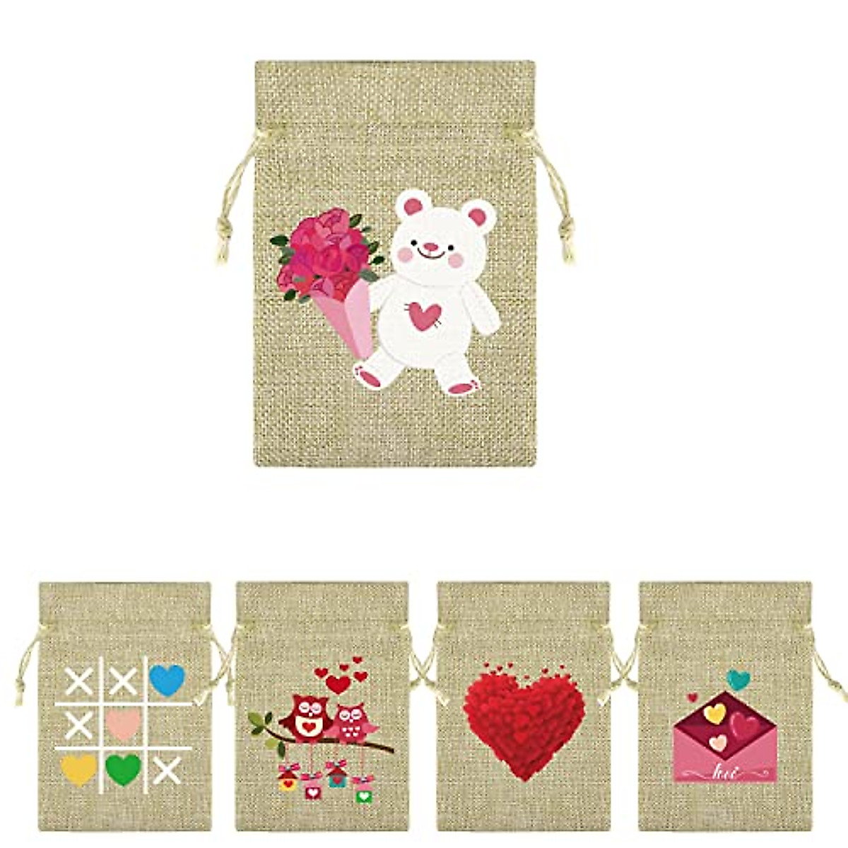KUUQA 15 Pcs Heart Love Shaped Drawstring Gift Bags for Valentine's Day Party Favors, Valentine's Day Cotton Favor Pouches for Goodies, Sachets, and Jewelry, 5 Designs