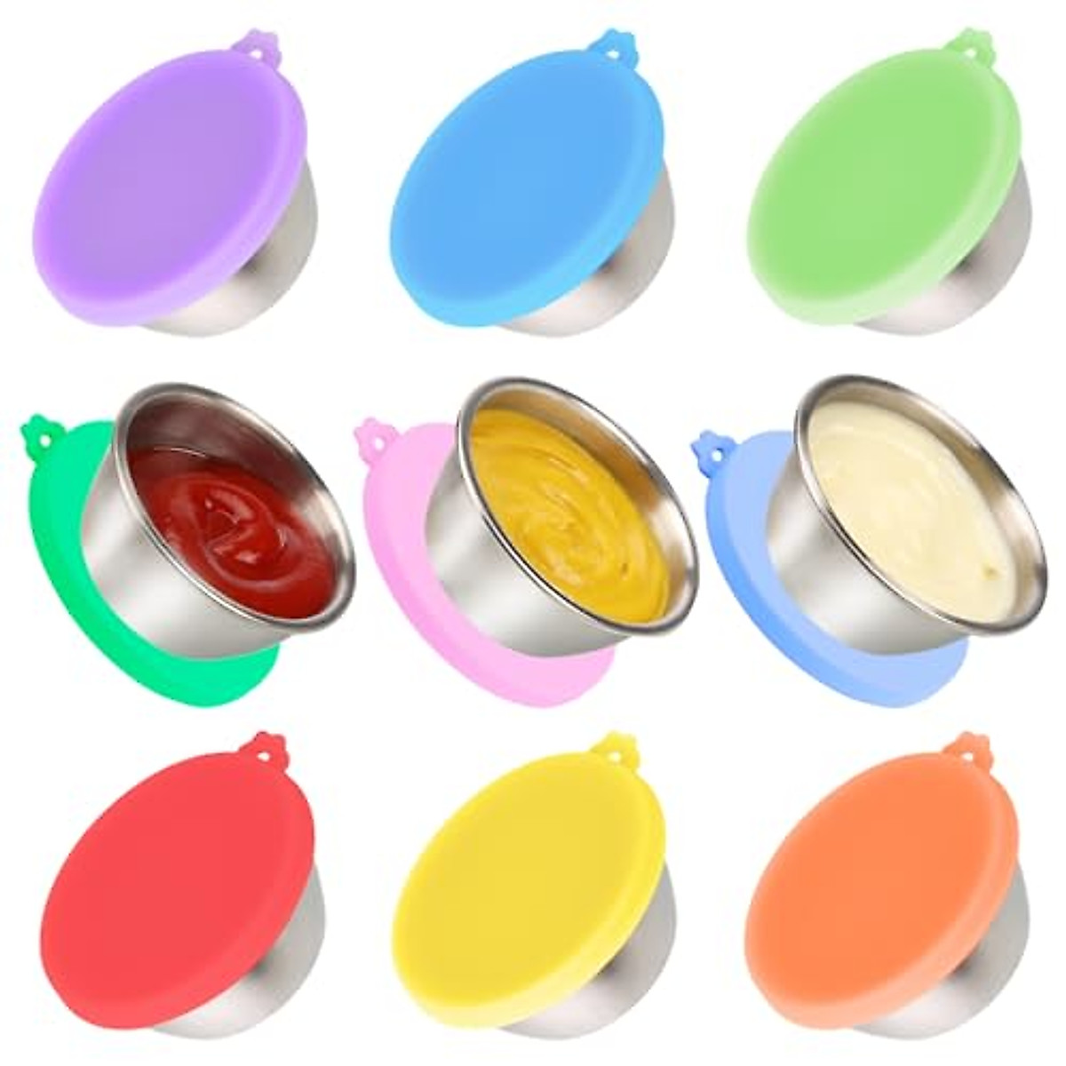 Moretoes 9pcs Salad Dressing Container To Go, Sauce Cups, 1.6oz Mini Condiment Containers with Lids for Bento Boxes and On-the-Go Meals（Rainbow - Colored