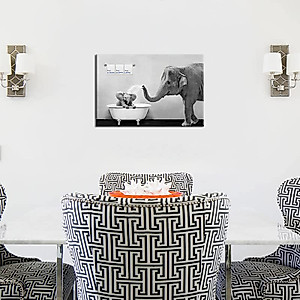 Piy Painting Elephant Bathroom Decor Wall Art, Funny Canvas Prints of Mother and Child Playing Water in Bath Crock, Warm Bathtub Picture with Keep Clean, Keep Happy, Keep Love Words Motivating Kids.