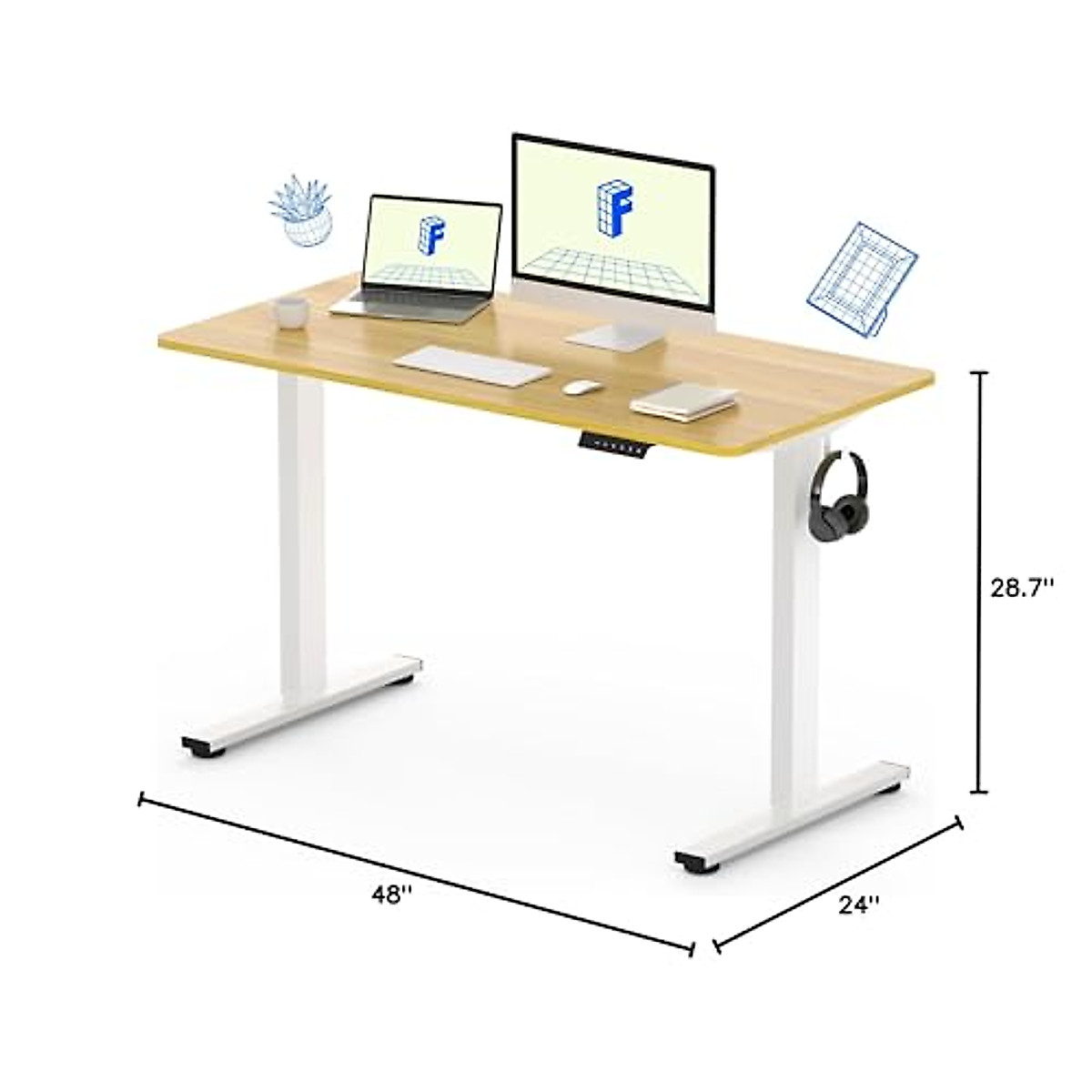 FLEXISPOT EN1 One Piece Standing Desk, 48 x 24 Inches Height Adjustable Desk Electric Stand up Desk Home Office Table for Computer Laptop (White Frame + Maple Desktop)