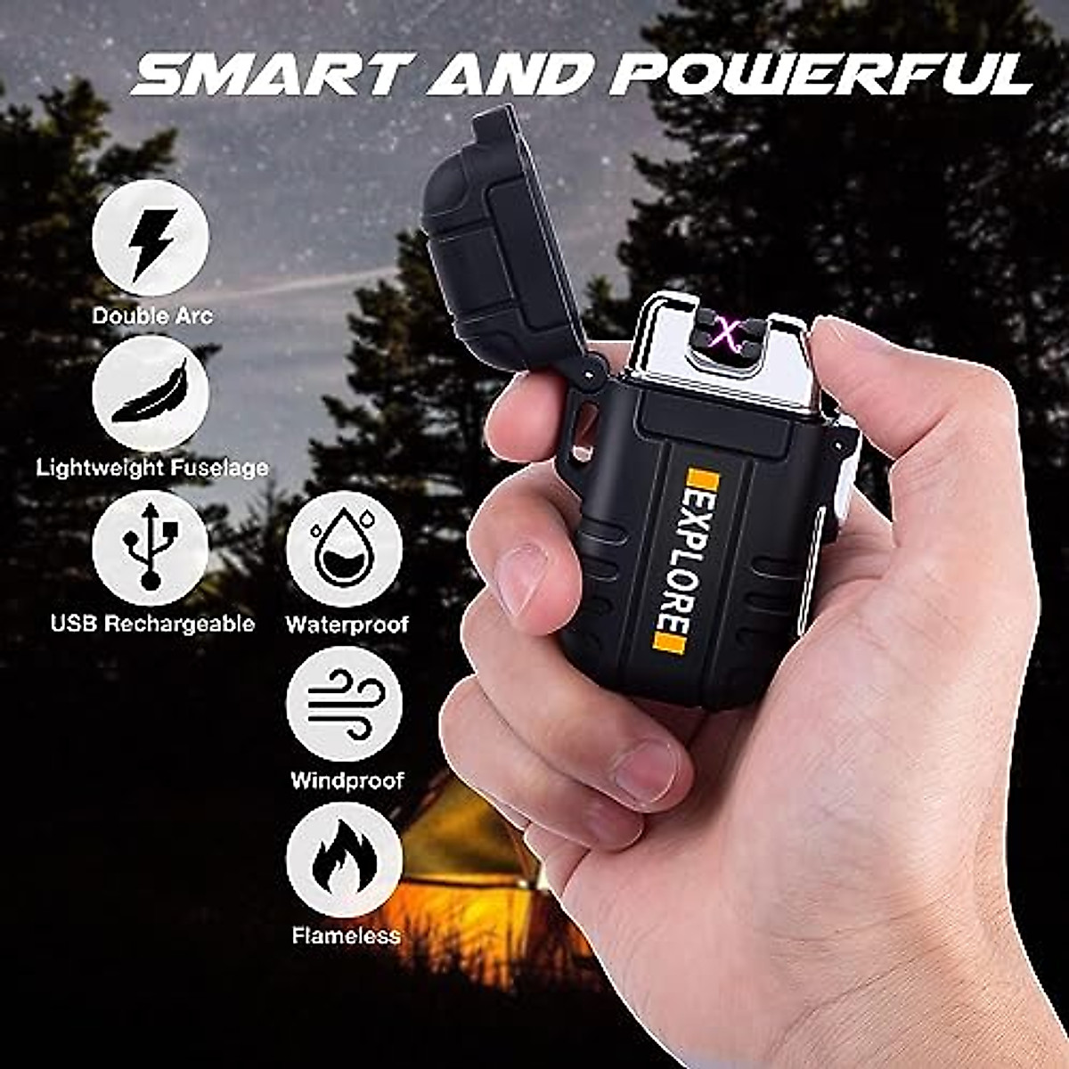 LcFun Waterproof Electric Lighter Windproof Dual Arc USB Rechargeable Flameless Plasma Lighters for Camping Hiking Survival Tactical Gear Gifts for Men Fathers Husband