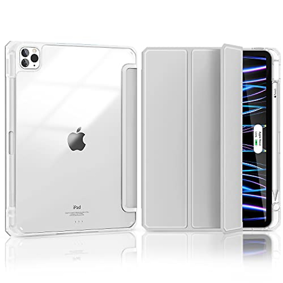 Hoidokly Clear Case for iPad Pro 11 inch (4th/3rd/2nd/1st Generation) 2022/2021/2020/2018 - [Built-in Pencil Holder] Shockproof Cover Transparent Back Shell - Gray