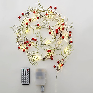 MIYA LIFE Snow Garland with Red Berry White Christmas Garland with Lights Battery Operated - Christmas Garland for Mantle Twig Garland for Christmas Tree Decorations