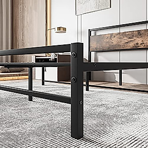 FOUBAM Queen Bed Frame with Wood Headboard,Heavy Duty Platform Bed Frames with Storage No Box Spring Needed,Reinforced Steel Square Pipe Mattress Foundation Noise Free,Black and Rustic Brown