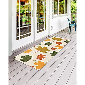 KITHOME Front Door Mat Autumn Maple and Fallen Leaves Tile Pattern Indoor Outdoor Entrance Doormat Washable Floor Mats for Front Door Bathroom Kitchen Runner Rugs 16x47 Inch