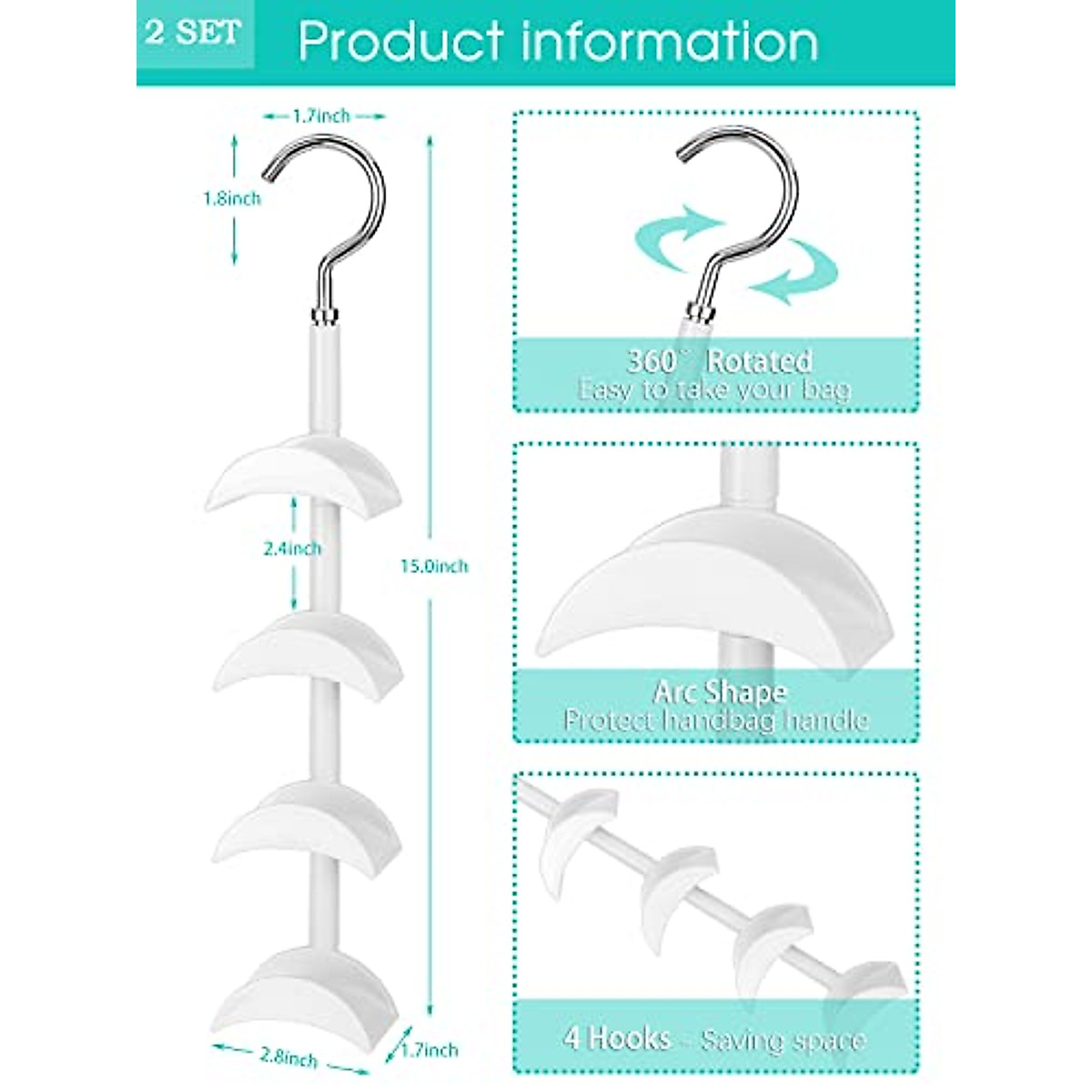 Purse Hanger for Closet - Rotating Handbag Hanging Hook Bag Storage Space Saver with 4 Hooks, Hanging Organizer for Scarf Handbag Belt, 2 PCS