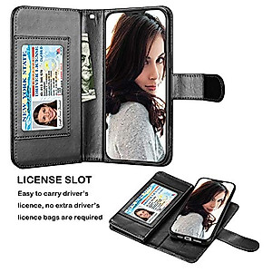 NJJEX Compatible with iPhone 12 Pro Max Case/iPhone 12 Pro Max Wallet Case 6.7" (2020), [9 Card Slots] PU Leather Card Holder Folio Flip [Detachable] Kickstand Lanyard Magnetic Phone Cover [Black]