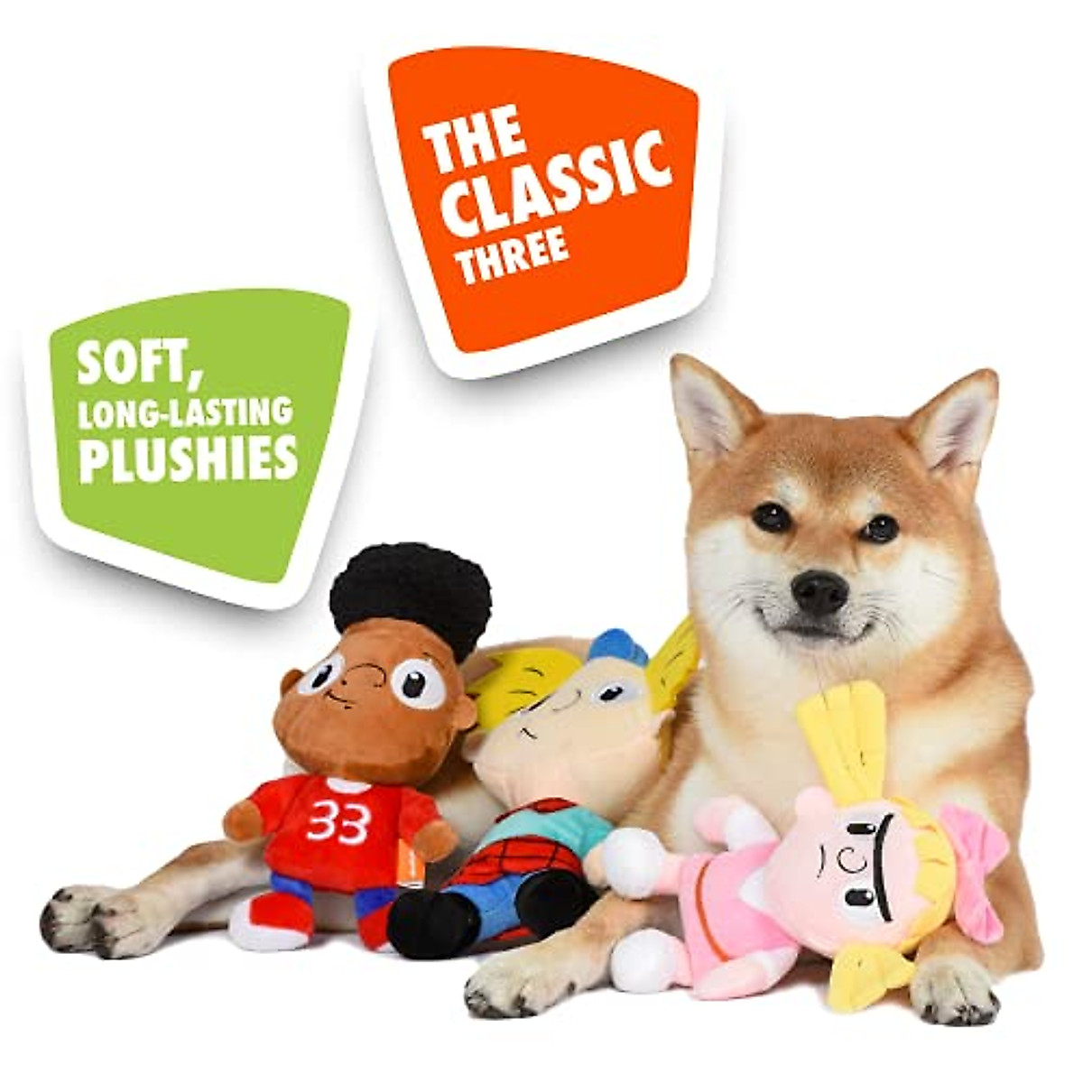 Nickelodeon for Pets Hey Arnold 3 Piece Arnold, Helga, Gerald Figure Plush Dog Toys | 6 Inch Soft Fabric Small Dog Toys - Hey Arnold Character Dog Toys for All Dogs from 90s Nickelodeon TV Show
