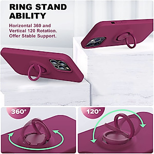 CHEZEAL Compatible with iPhone 14 Pro Max Case 6.7inch,[Bulit-in 360° Rotatable Ring Stand][Anti-Scratch Soft Microfiber Lining] Liquid Silicone Shockproof Phone Case for iPhone 14 Pro Max - Wine Red