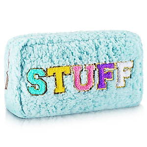 Mixweer Chenille Letters Plush Preppy Makeup Bag Portable Small Travel Cosmetic Bag with Zipper Fleece Pouch Bags for Women Girls Patch Pouches for Toiletries Cosmetic Storage Organizer (Blue, Stuff)
