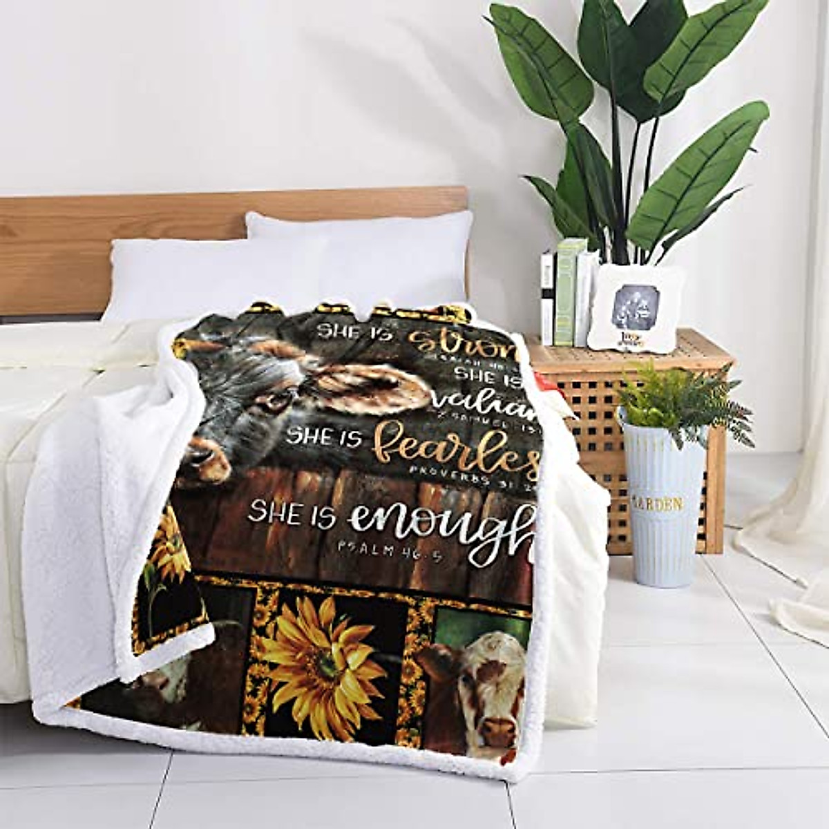 Cow Sunflower Print Sherpa Throw Blanket Yellow Flower Fleece Blankets Gift for Women Wife or Girlfriend Super Soft and Warm Sofa Bedding Blankets 60"X80"