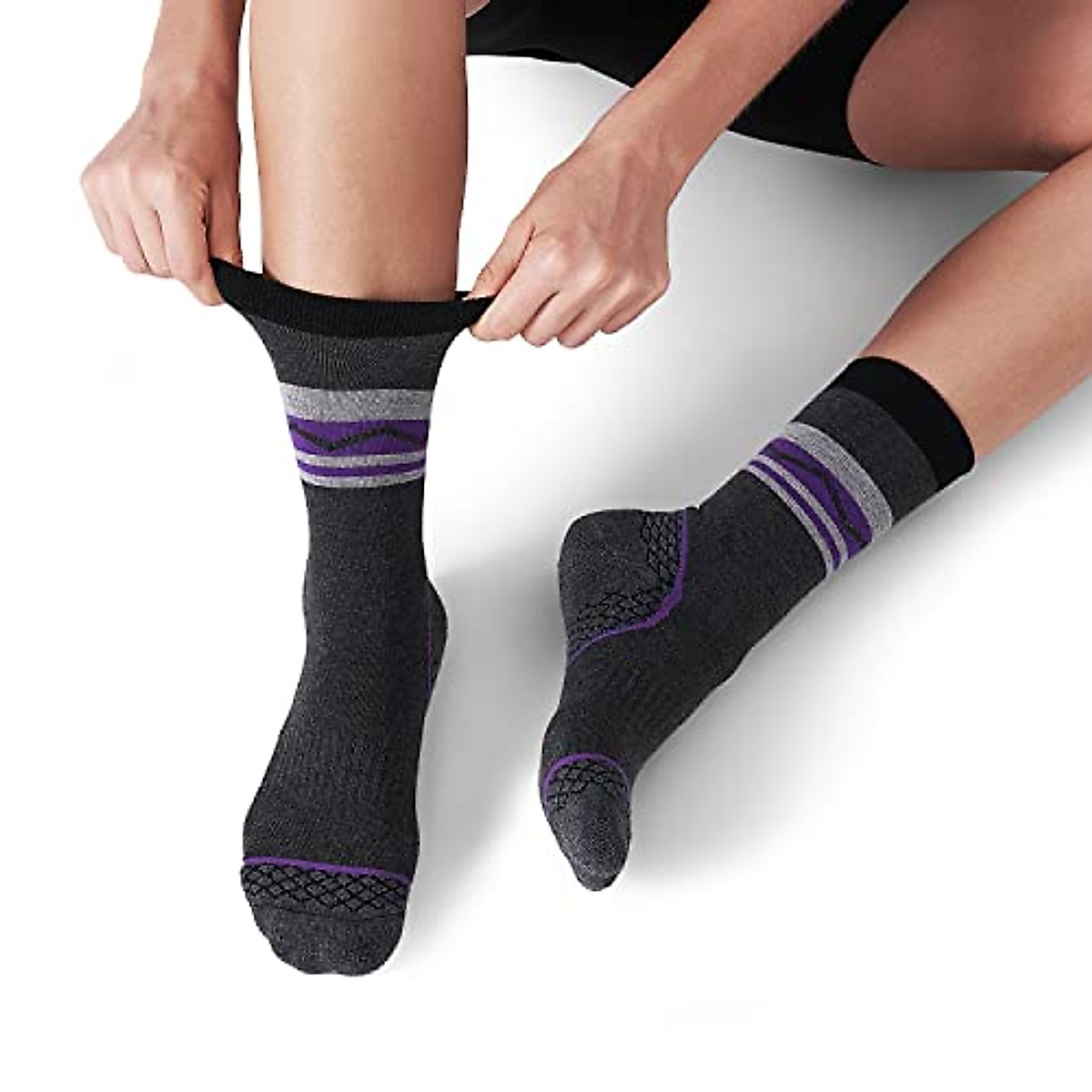 CS CELERSPORT 4 Pack Women's Merino Wool Crew Hiking Socks with Cushion Warm Thermal Winter Boot Athletic Socks, Black + Purple, Small