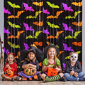 Mega-L Halloween Party Decorations 2 Pack Green Orange Purple Bat Pattern Photo Booth Props, 3.3 X 6.6 ft Halloween Foil Fringe Curtains, Halloween Photo Backdrop Streamers Halloween Party Supplies