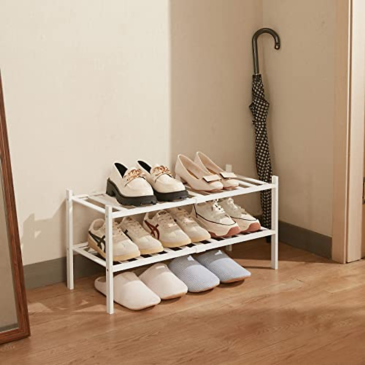 quiqear Bamboo Shoe Rack, 2 Tier Shoe Rack Organizer, Stackable & Durable Shoe Shelf Holder, Free Standing Shoe Racks, Shoe Storage Organizer for Entryway, Closet, Hallway (White)