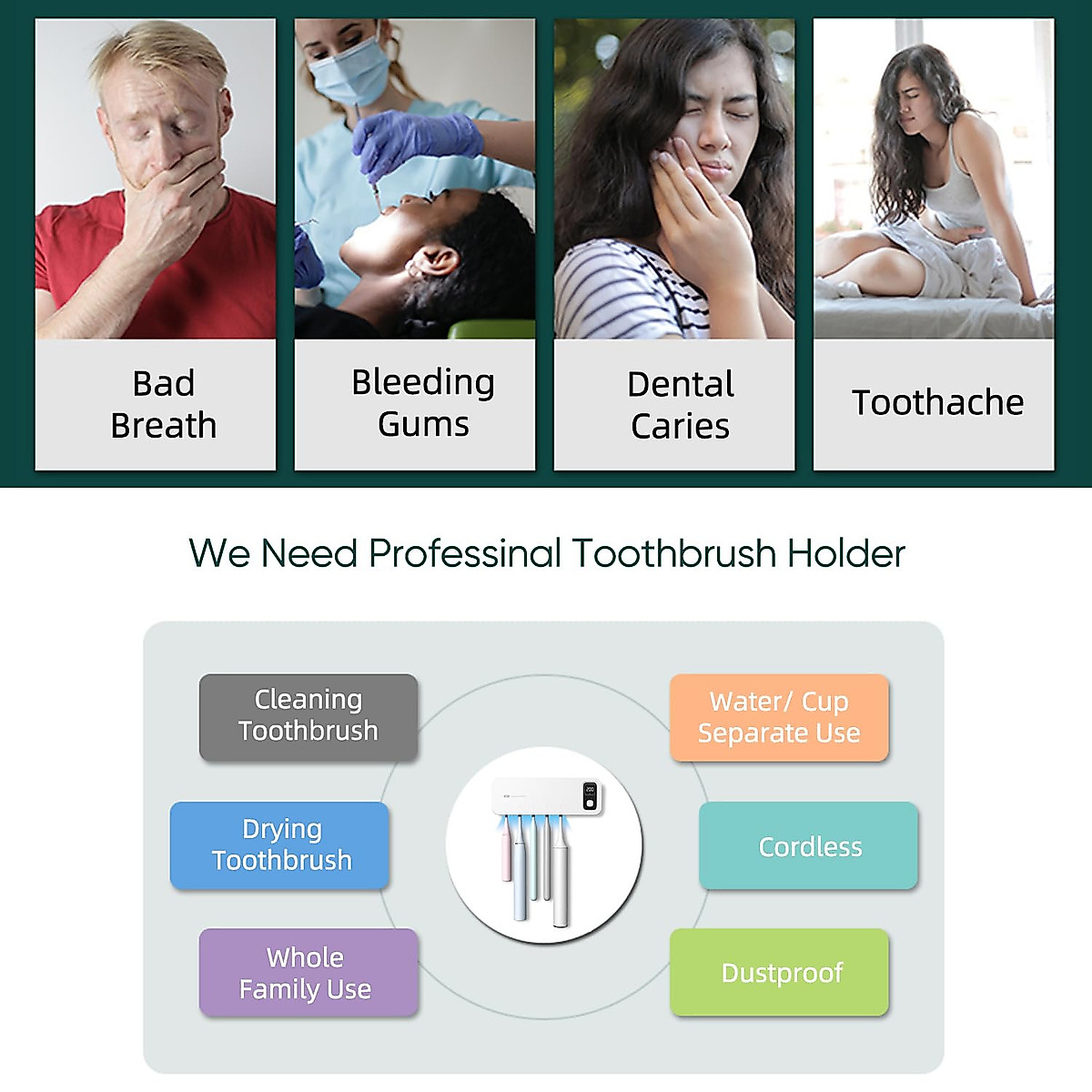 StarWin UV Toothbrush Dryer Holder, Fan Drying and Timer Function, Rechargeable Tooth Brush Holder Wall-Mounted for Bathroom, No Drilling, 5 Slots