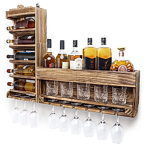 Homde Wine Rack Wall Mounted Wood,Wine Shelf with Bottle Stemware Glass Holder Rustic, Wine Display Storage Rack with Cork Holder for Home Bar Kitchen Decor
