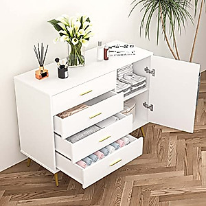 RESOM Storage Cabinet with Drawers & Door, Sideboard Cabinet with Adjustable Shelf, Printer Stand for Home Office, Free Standing Accent Cabinet for Living Room, Bedroom and Hallway (White)