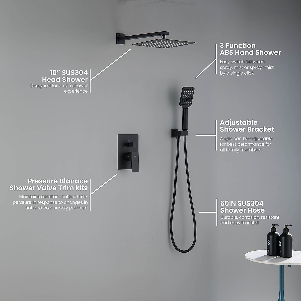 KIBI Cube Bathroom Shower System | 2-Function Wall Mounted Shower Faucet Set with Solid Brass Pressure Balanced Valve | Three Hand Shower Modes | 15-inch Long Shower Arm | Matte Black (KSF405)
