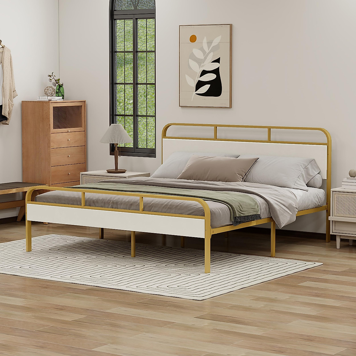 alazyhome Modern King Size Bed Frame, Metal Platform Bed with Velvet Upholstered Headboard, Steel Slats Support, Noise Free, Under-Bed Storage, Easy Assembly, Gold