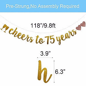 Cheers to 75 Years Banner, Pre-Strung, Gold Glitter Paper Garlands for 75th Birthday / Wedding Anniversary Party Decorations Supplies, No Assembly Required,(Gold)SUNbetterland