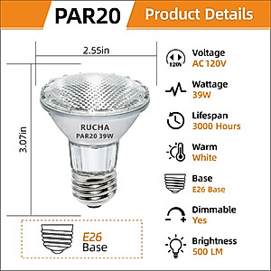 PAR20 Halogen Buld, 120V 39W Dimmable PAR20 Reflector Flood Light Bulds with E26 Base, for Range Hood Light Bulbs, Track Light Bulbs, Oven Light Bulb, Ceiling Can Lamp, 2 Pack