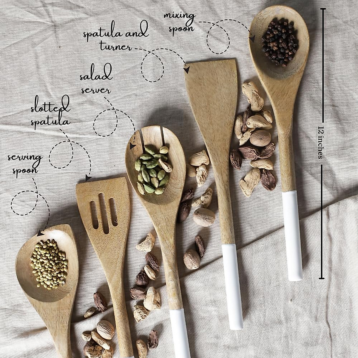 The Art Box Wooden Cooking Spoon Utensils Set of 5 - Kitchen Serving Tools Non-Stick Cookware12 Inch Wooden Fork, Corner Spoon, Slotted Turner, Spoon, Spatula For Baking, BPA Free, White