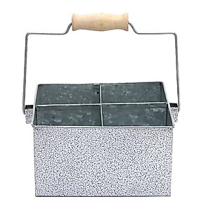 THE ARTIQUE Handmade Farmhouse Galvanized Metal Condiments Square Caddy with Silver Texture and Foldable Handle for KItchen Utenlsils, Dinning Table, Silverware, Picnic, Party Etc-SILVER ANTIQUE