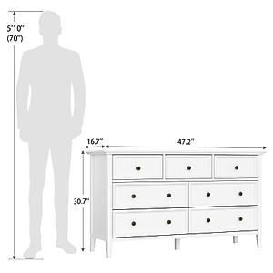 IKENO White 7 Drawer Dresser for Bedroom, Modern Solid Wood Large Storage Cabinet, Simple White Chest of Drawer for Bedroom Living Room Hallway Entryway (White)