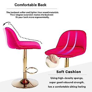 QQU Modern Bar Stools 360°Swivel Velvet Adjustable Counter Bar Stool with Arm, Back and Footrest Modern Upholstered, Barstools for Kitchen Island, Cafe, Pub, Bar Counter (Rose Red)