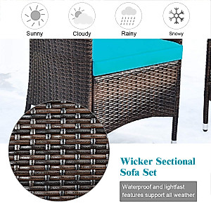 Toolsempire 4 Pieces Patio Sofa Set, Wicker Conversation Set with Ergonomic Curved Backrest, Rattan Furniture Set with Water-Resistant Cushion & Tempered Glass Table for Balcony, Porch (Turquoise)