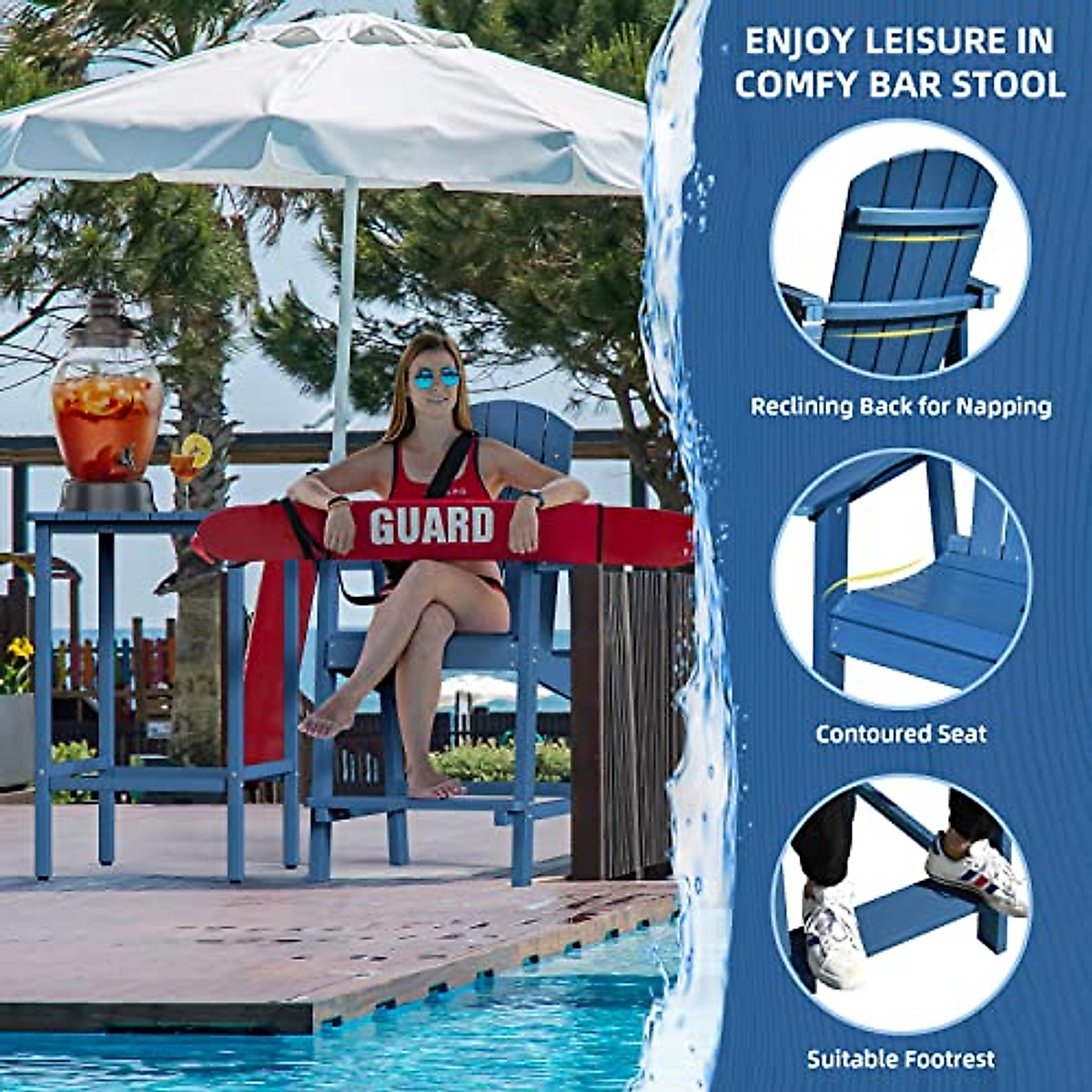 DWVO 25" Tall Adirondack Chair, Poly Bar Height Balcony Chairs, Weather Resistant Outdoor Barstool Lifeguard Chair for Deck Pool Patio and Porch, Navy Blue