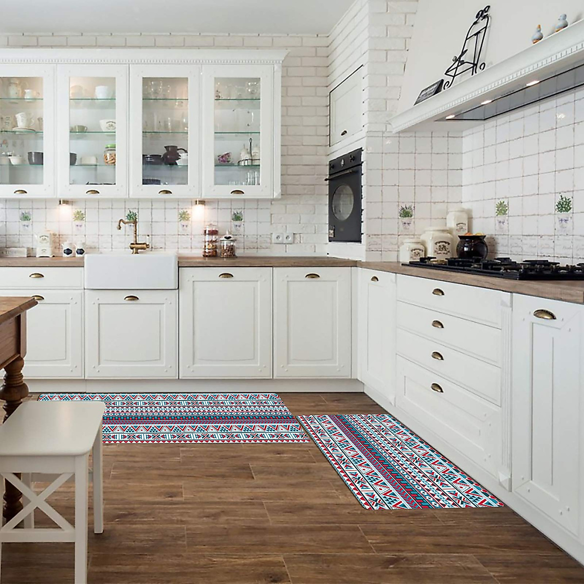 Native American Kitchen Rugs Set 2 Piece 15.7x23.6in+15.7x47.2in, Non-Slip Kitchen Mats Set Rubber Backing Indoor Entry Door Mat Carpets - Geometric Triangle Aztec Tribal Ethnic Style