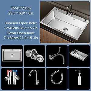 Drop in Kitchen Sink Workstation -304 Stainless Steel Sink Single Bowl Matte Black Stainless Steel Kitchen Sink with Cutting Board&Strainer (Size : 75 * 43 * 20cm/29.5 * 16.9 * 7.8in)