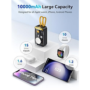 NEWDERY for Apple Watch Charger, 10000mAh Portable Charger Power Bank Built-in Cables, USB C Fast Charging External Battery Pack with LED Display for iPhone15/14/13/12/iWatch/Airpods/Galaxy Phones